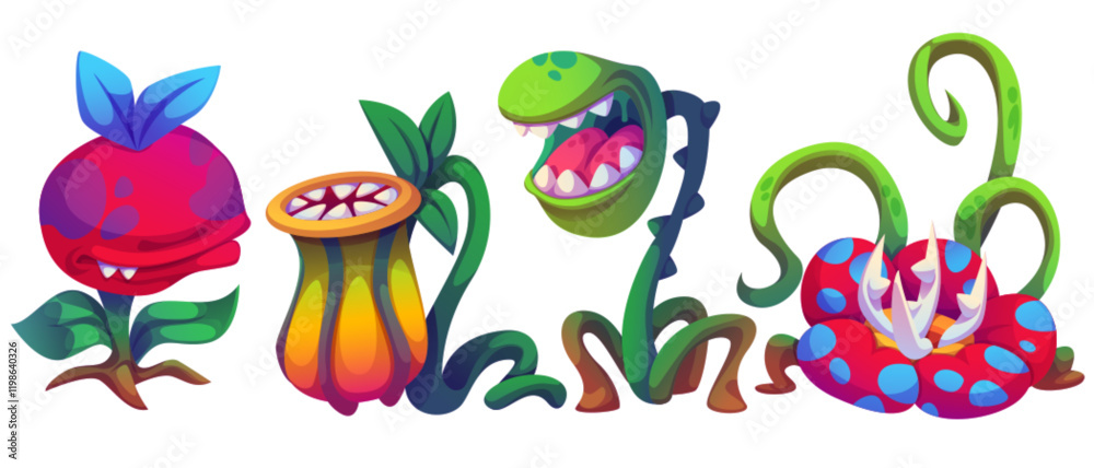 Scary carnivorous plant monsters with sharp teeth. Fantasy garden ...