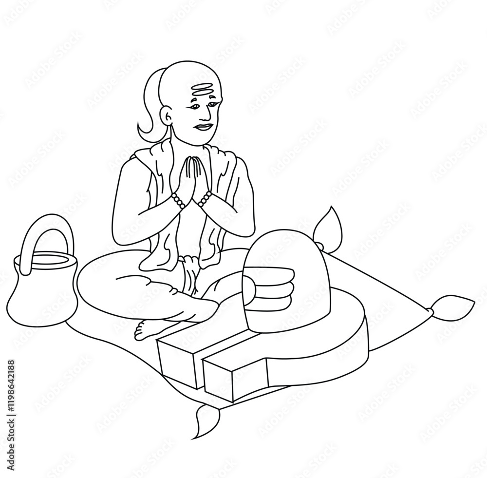 Cute cartoon hand drawn vector Indian priest doing worship shivling ...