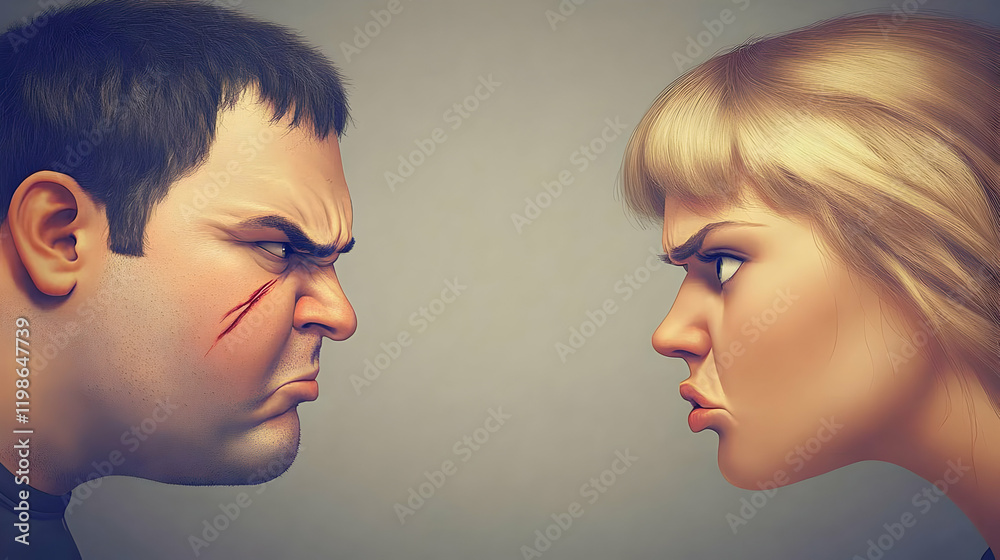 Angry Man and Woman Face Off in a Tense Standoff, Illustration Depicts ...