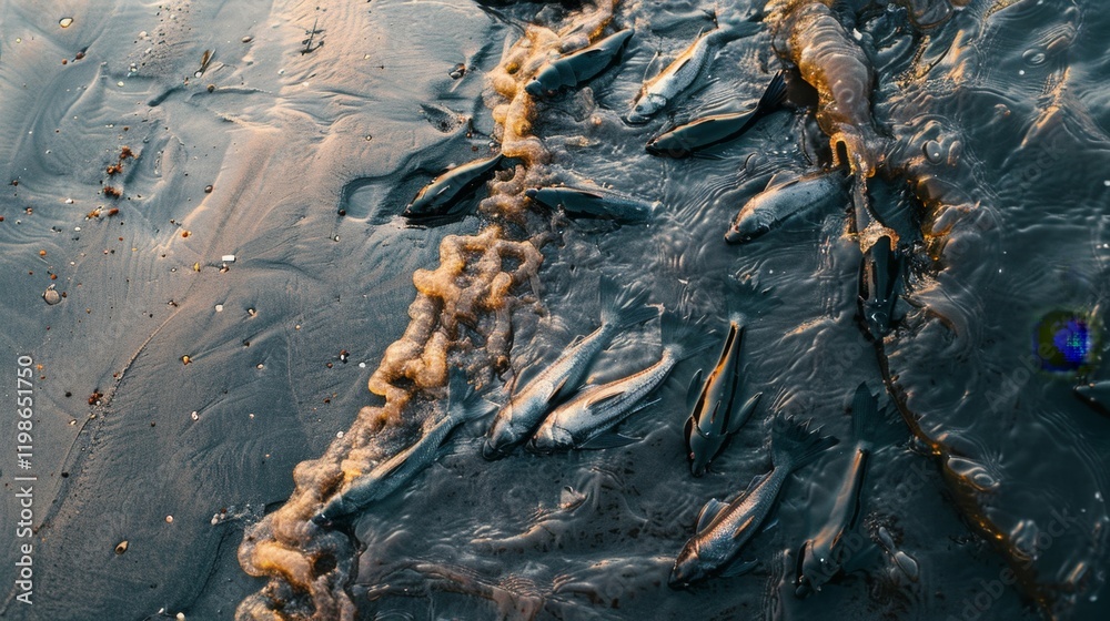 concept ecological disaster, dead fish washed up on the seashore after ...