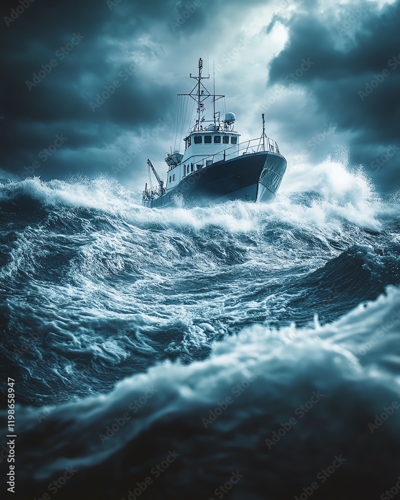 Dramatic image of a refugee ship in the midst of a violent ocean ...