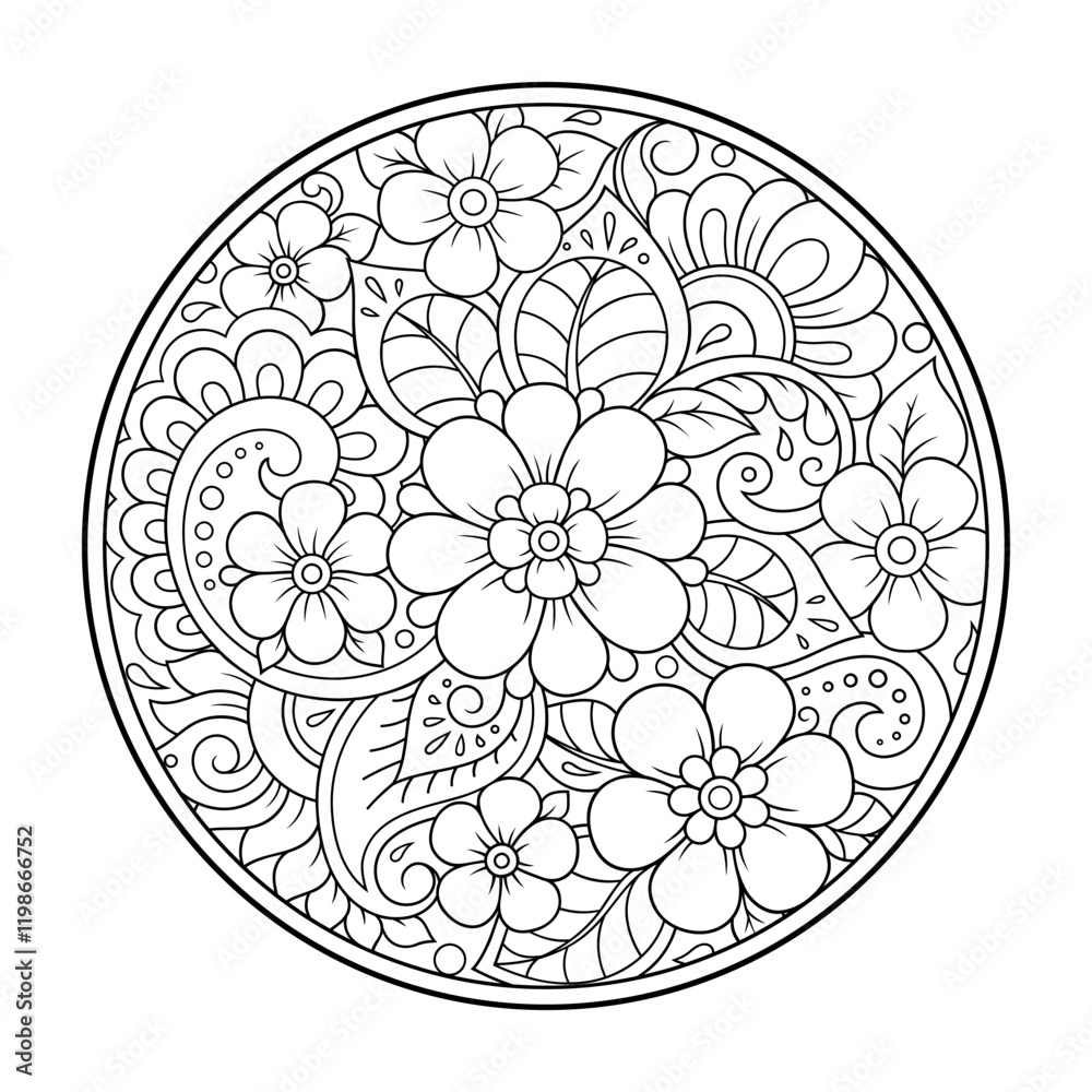 Outline round flower pattern in mehndi style for coloring book page ...