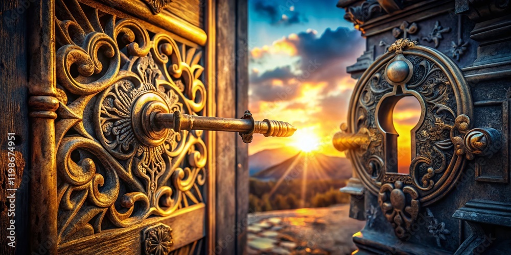 Panoramic Golden Key Entering Ancient Keyhole - Mysterious Treasure ...