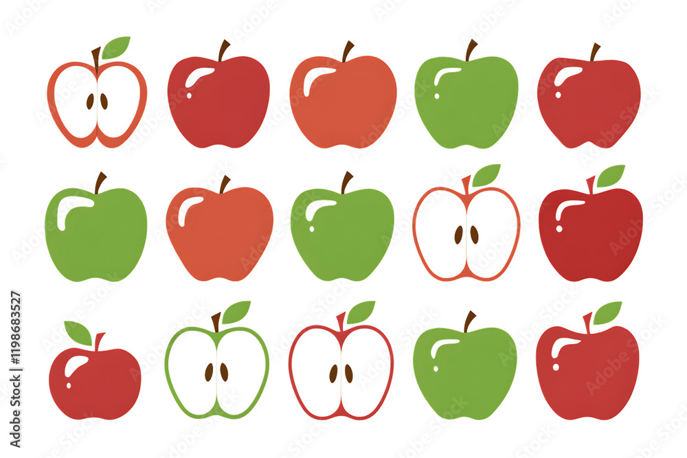 Row of apples with one half of each apple missing. Isolated, on ...
