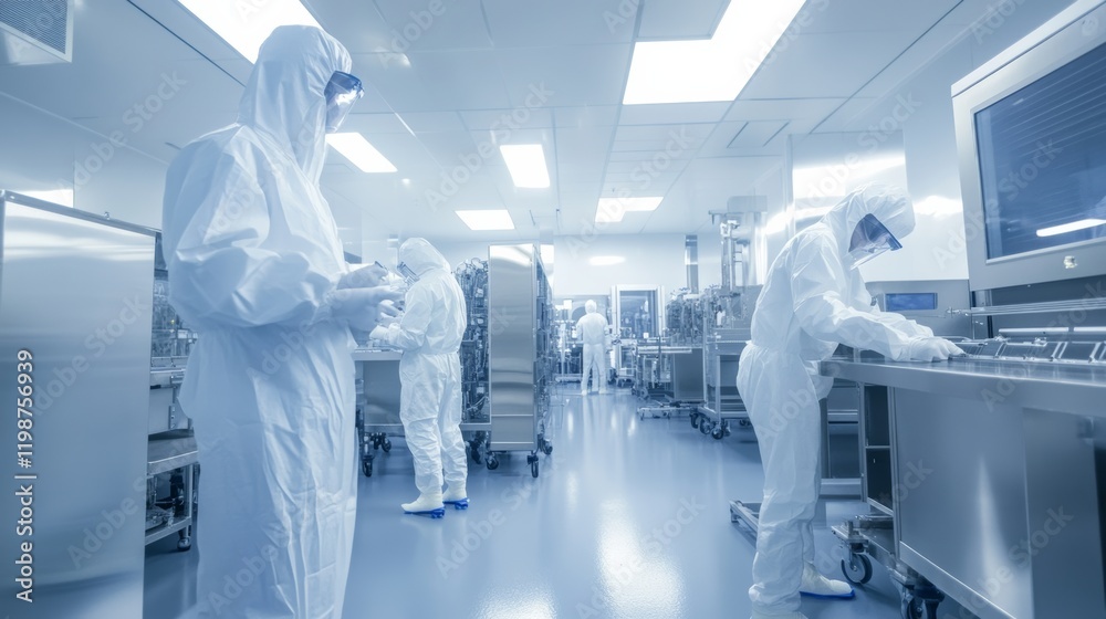 A modern semiconductor manufacturing cleanroom with engineers in ...