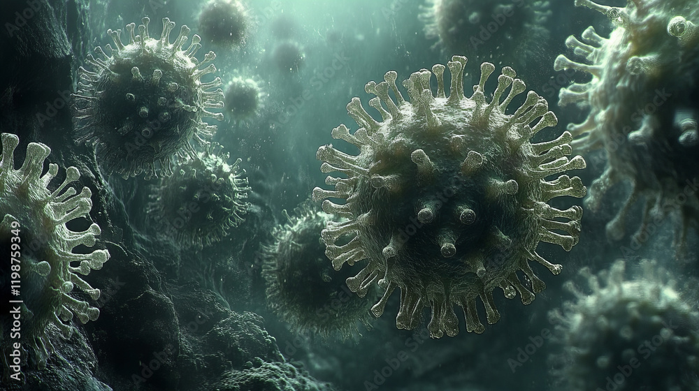 Microscopic view of viruses in dark environment, showcasing their ...