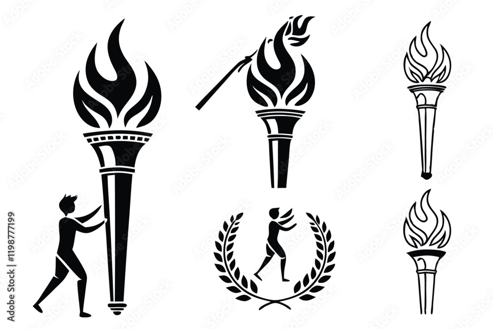 Torch icons, black and white silhouettes, flame designs, simple ...