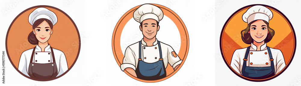 Three chefs, two women and one man, are depicted in circular profile ...