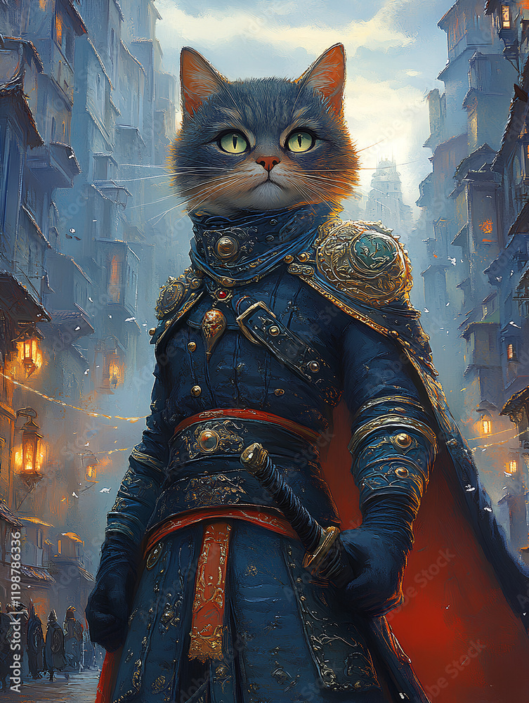 Fullbody illustration 2D view show a cat warrior in anime fantasy ...