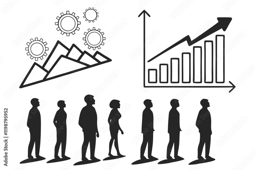 User icons, group symbols, increasing crowd size, silhouettes, black ...