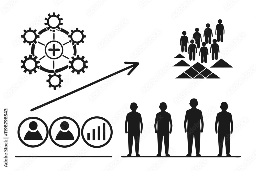 User icons, group symbols, increasing crowd size, silhouettes, black ...