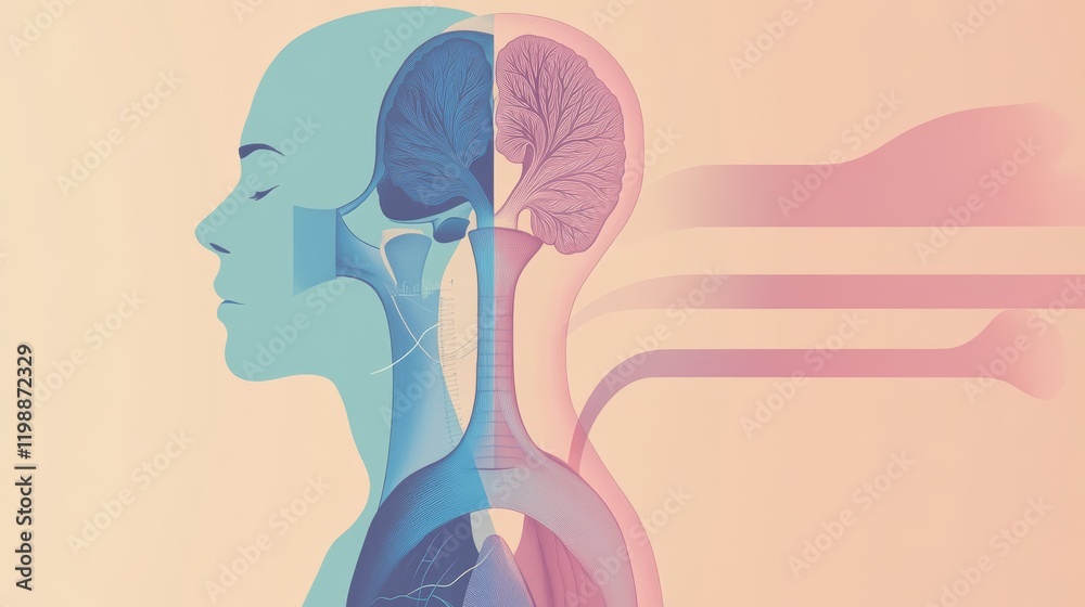 Medical illustration of breathing mechanics showing side profile ...