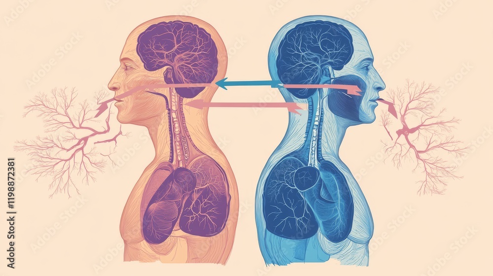 Medical illustration of breathing mechanics showing side profile ...
