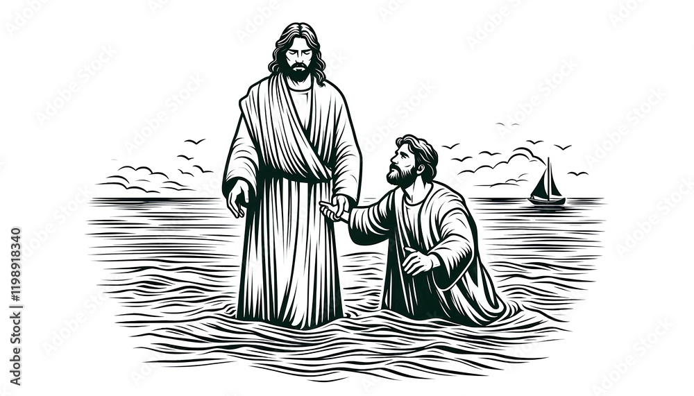 Jesus Lifts Peter from Drowning: A Moment of Faith and Salvation, line ...