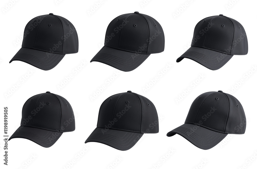 Black baseball cap mockup collection, flat lay, front view, top-down ...