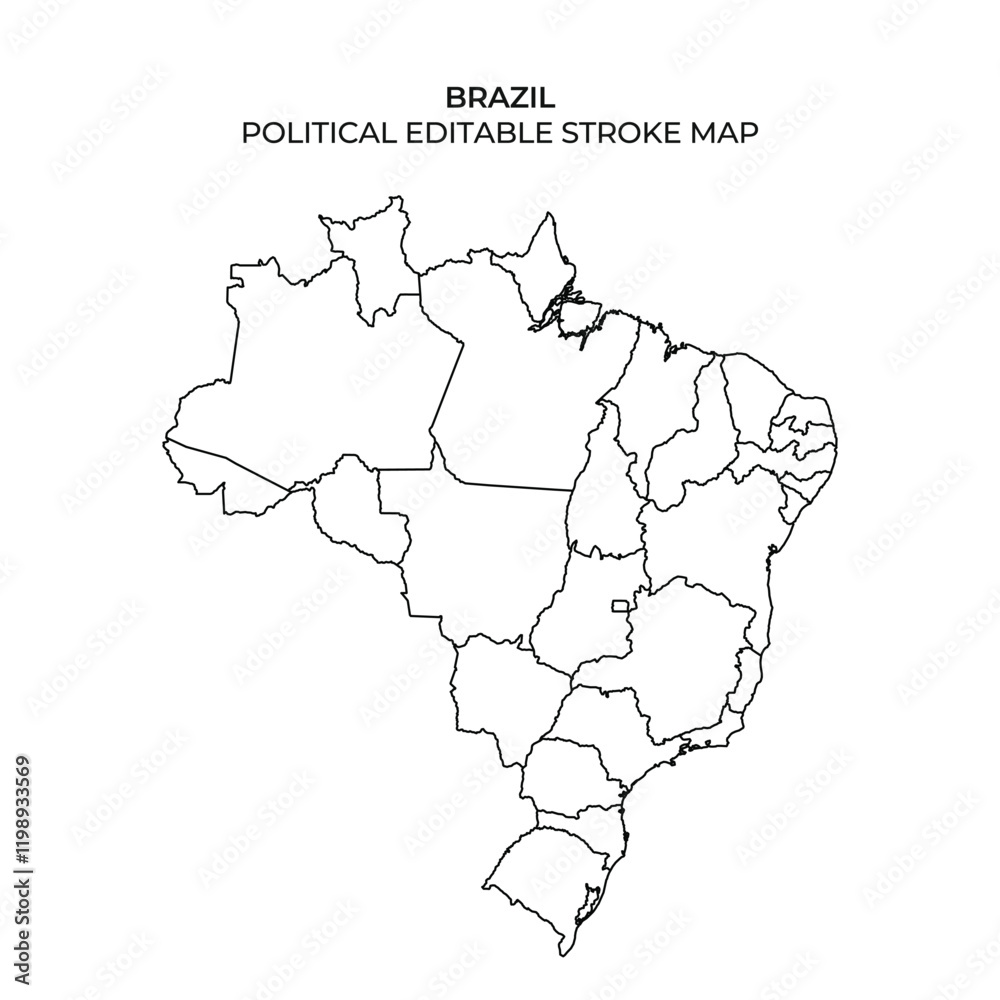 Editable political map of Brazil outlines and major regions Stock ...
