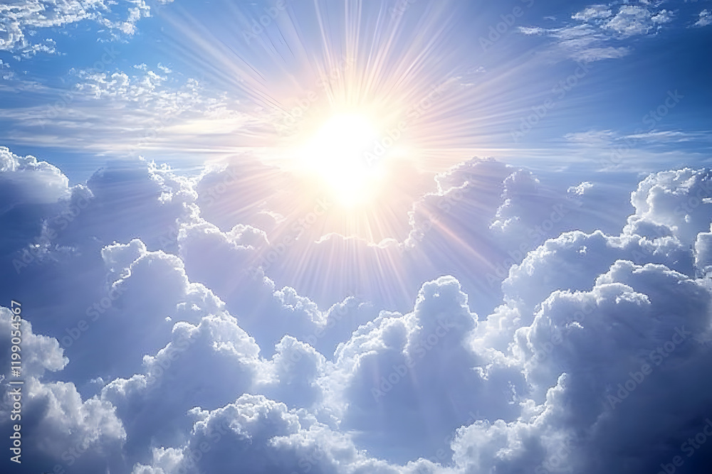Bright sky with streaks of sun rays breaking through clouds, adding a ...