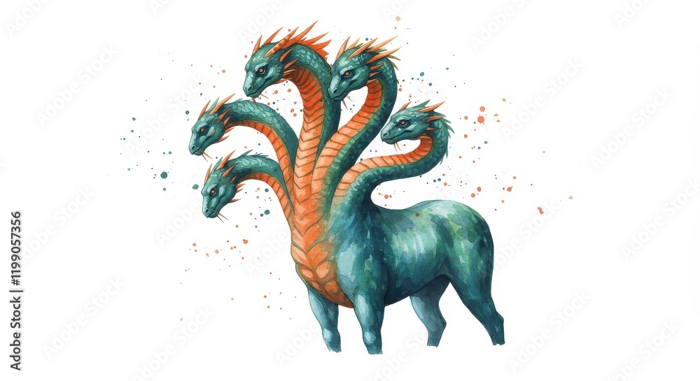 Mythical hydra creature with multiple heads and aquatic features Stock ...