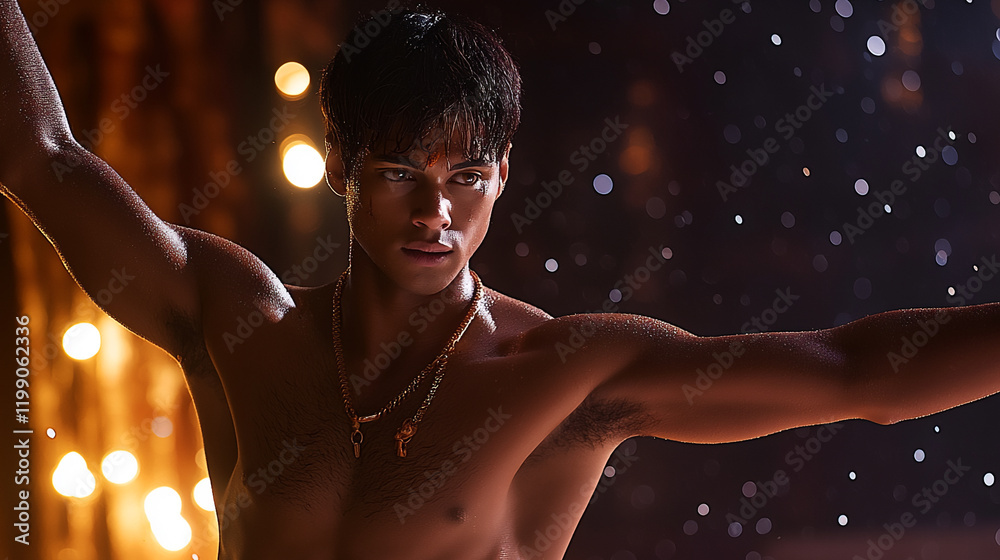 Indian male ballet dancer performing expressively on stage with ...