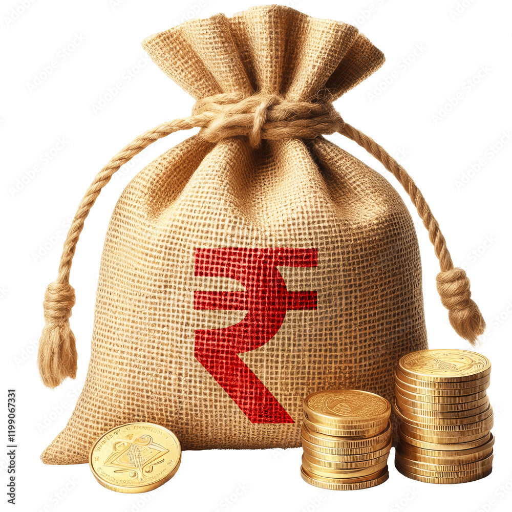 Burlap sack with a red Indian Rupee symbol printed on it PNG Image ...
