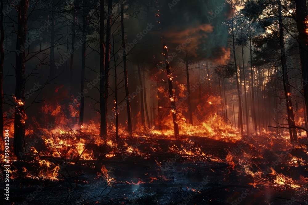 Intense flames engulfing trees in a forest fire, creating a scene of destruction and ...