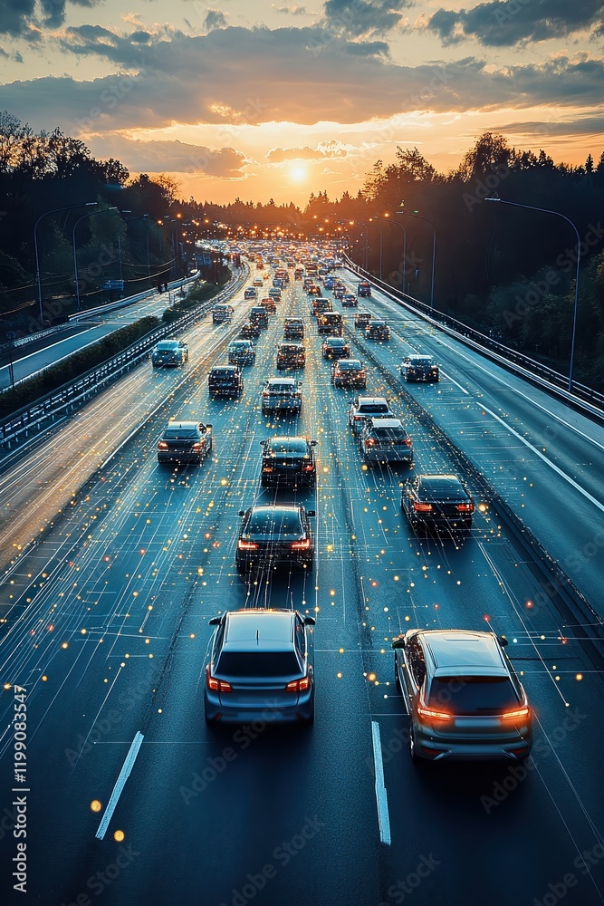 Visual of car-to-car communication technology on a highway with digital ...