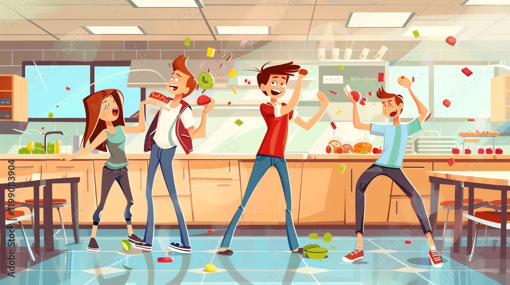 Cartoon illustration of four people throwing food in a kitchen. Stock ...