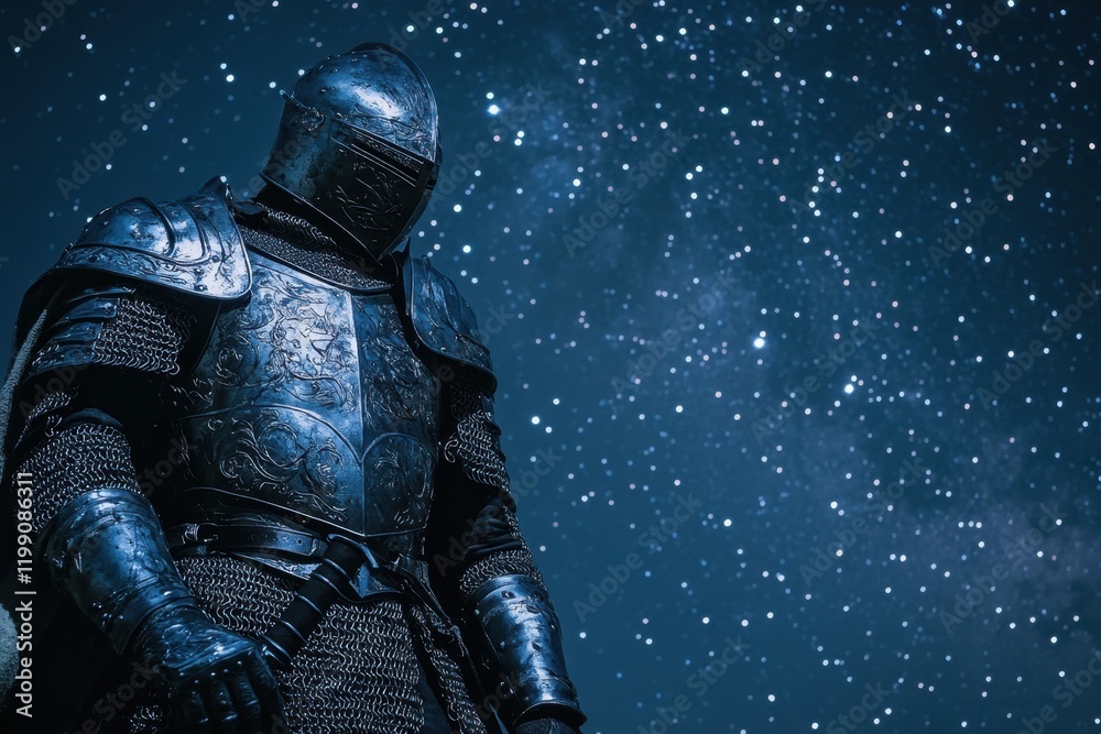 Knight in shining armor stands beneath a starry night sky in a serene ...