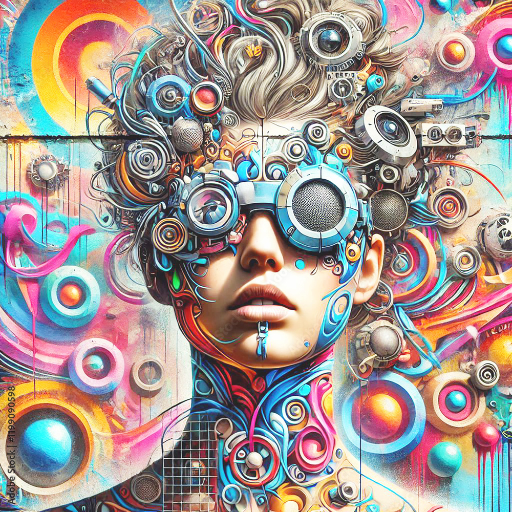 Graffiti wall portrait, mixing elements of urban art and vivid colors ...