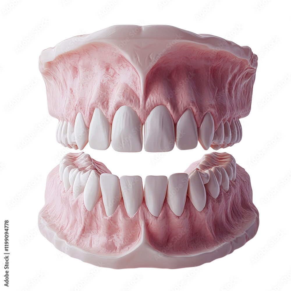 The image shows a detailed 3D model of a complete set of human teeth ...