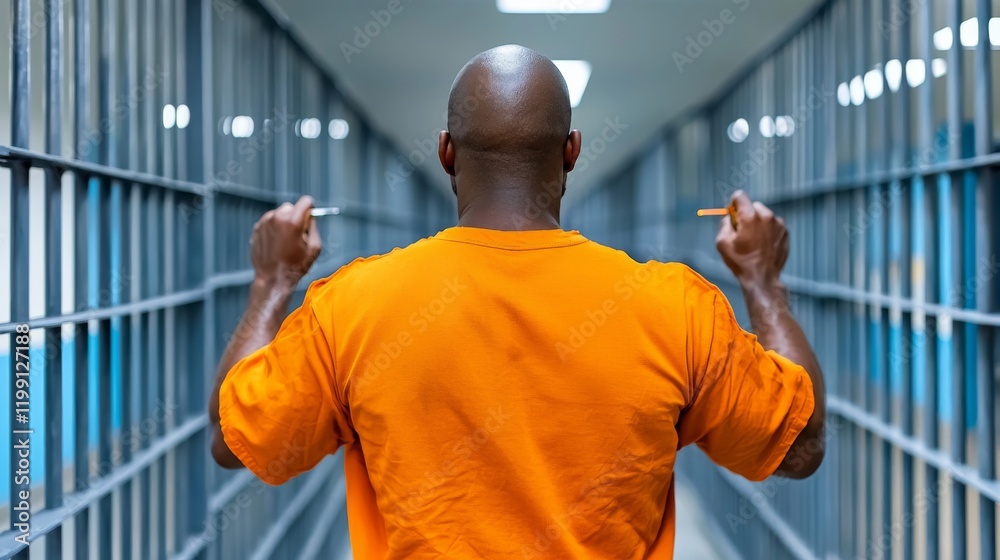 Inmate walks through a prison corridor at a correctional facility in ...