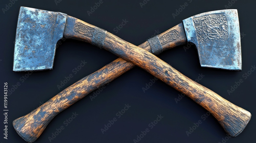 Two antique axes crossed, showing detail of worn wood handles and ...