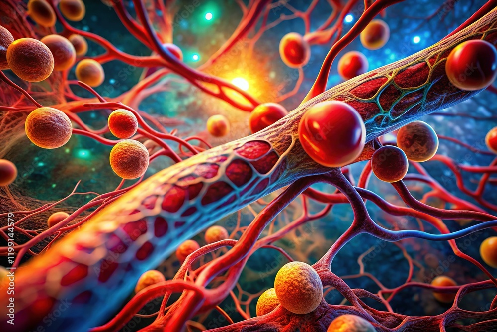 Microscopic Blood Vessel Network: Arteries, Veins, and Red Blood Cells ...