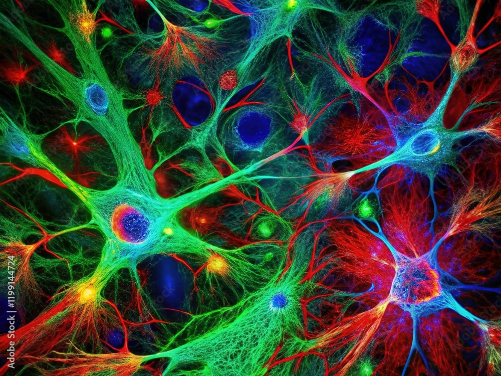 Microscopic View: Red, Green, Blue Fibroblast Cells - Confocal Imaging ...