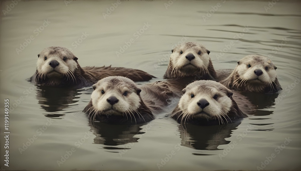 Cuatro nutrias marinas flotando en el agua, con sus lindas caras y ...