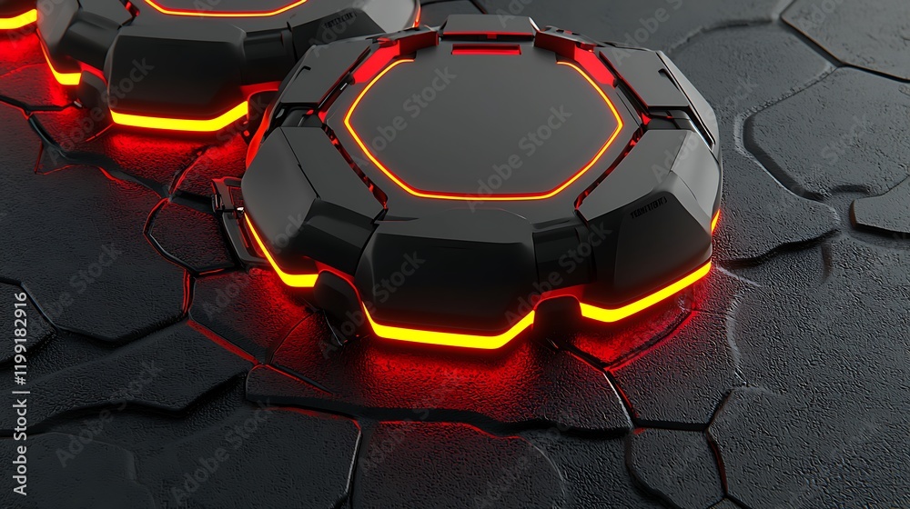 High-tech circuit design with glowing red and orange lines, resembling ...