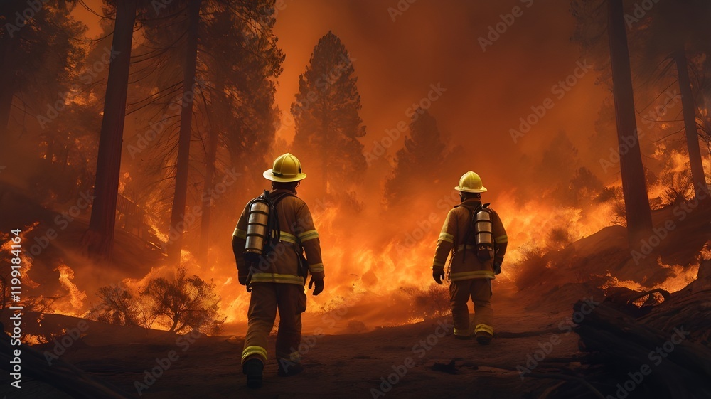 Firefighters battling a massive forest fire , using hoses and equipment ...