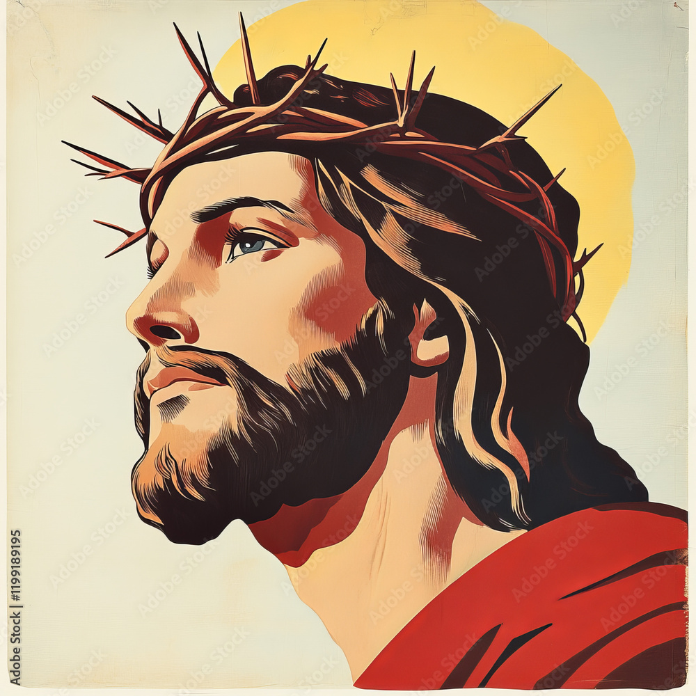 Jesus closeup beautiful serene face looks to heaven with a halo of ...