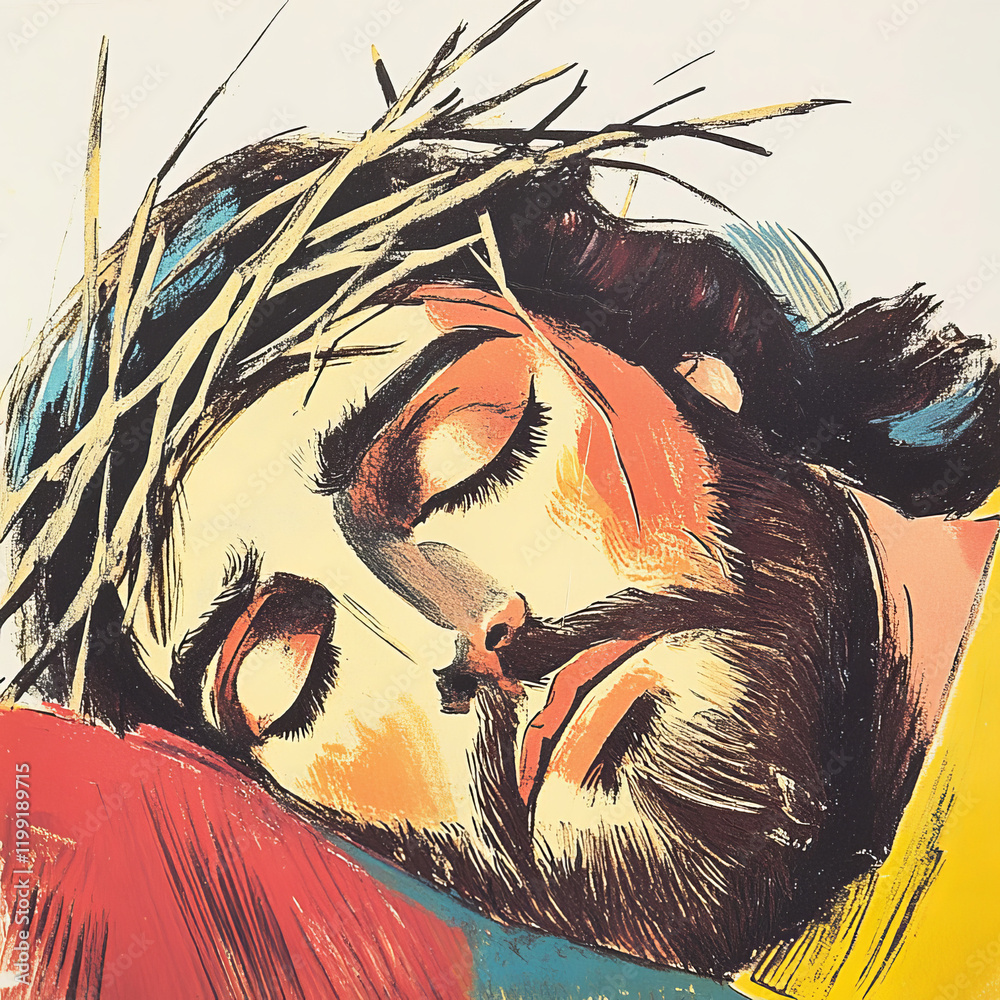 Jesus asleep in the garden closeup beautiful serene face with crown of thorns and a halo of ...