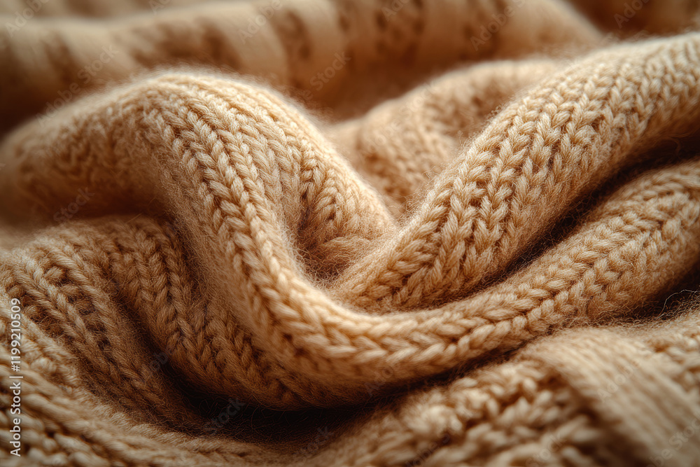 Knitted fabric background. Light Brown wool sweater texture, close up ...