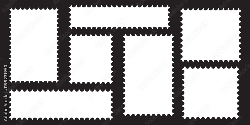 Postage stamp set. Post stamp frames and borders. Beige round and ...