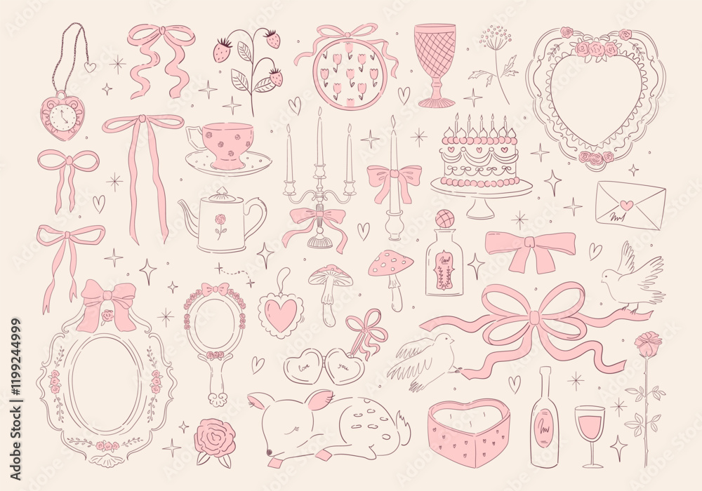 Coquette vintage illustrations of bows, ribbons, candles, mirror, cake ...