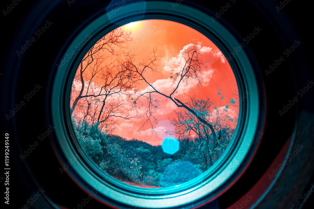 Infrared photography, a circular window frame that looks out onto a ...
