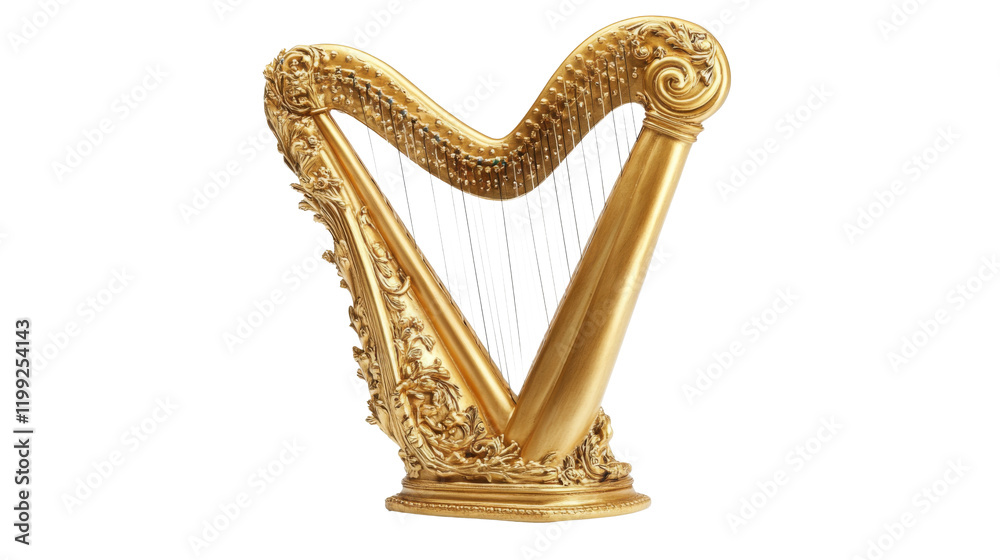 Elegant golden harp standing against white background, detailed ornate ...
