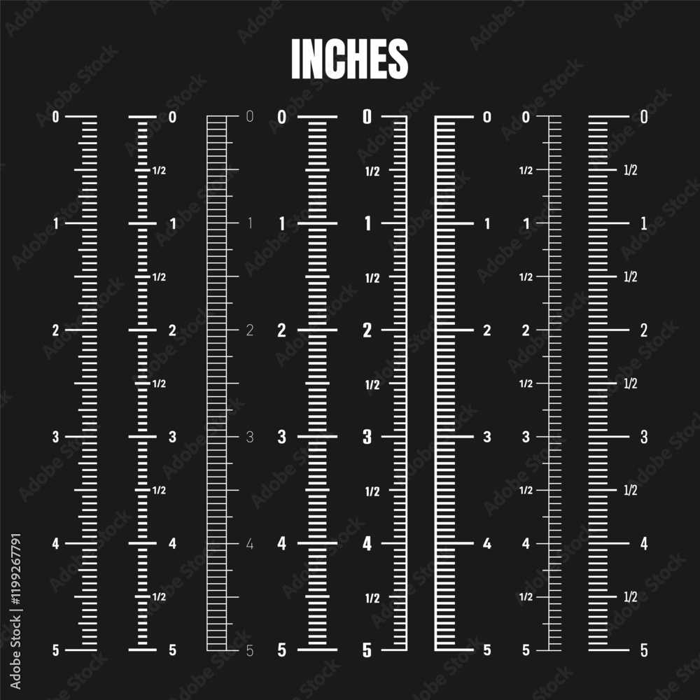 Vertical inch scale for measuring length or height. Various measurement ...