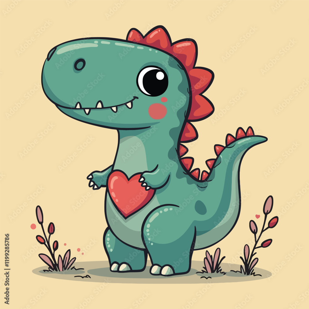 Cute cartoon dinosaur holding a heart in a whimsical pastel setting ...