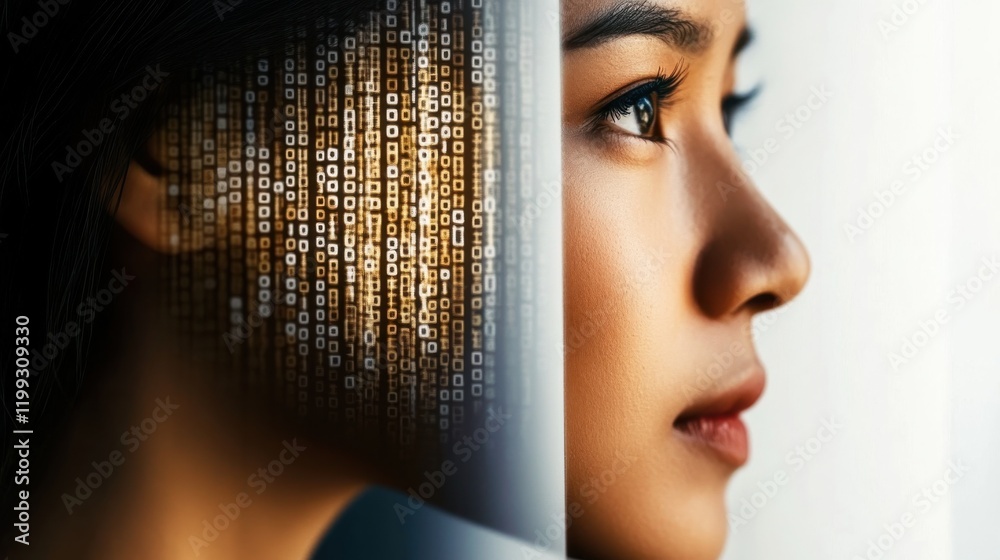 This image captures a human profile blended with binary code ... This image captures a human profile blended with binary code ...