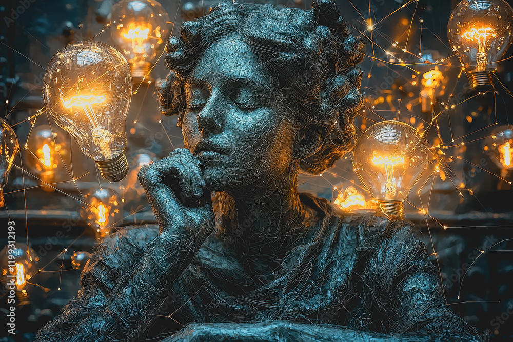 Illuminated statue surrounded by vibrant lights at night creating a ...