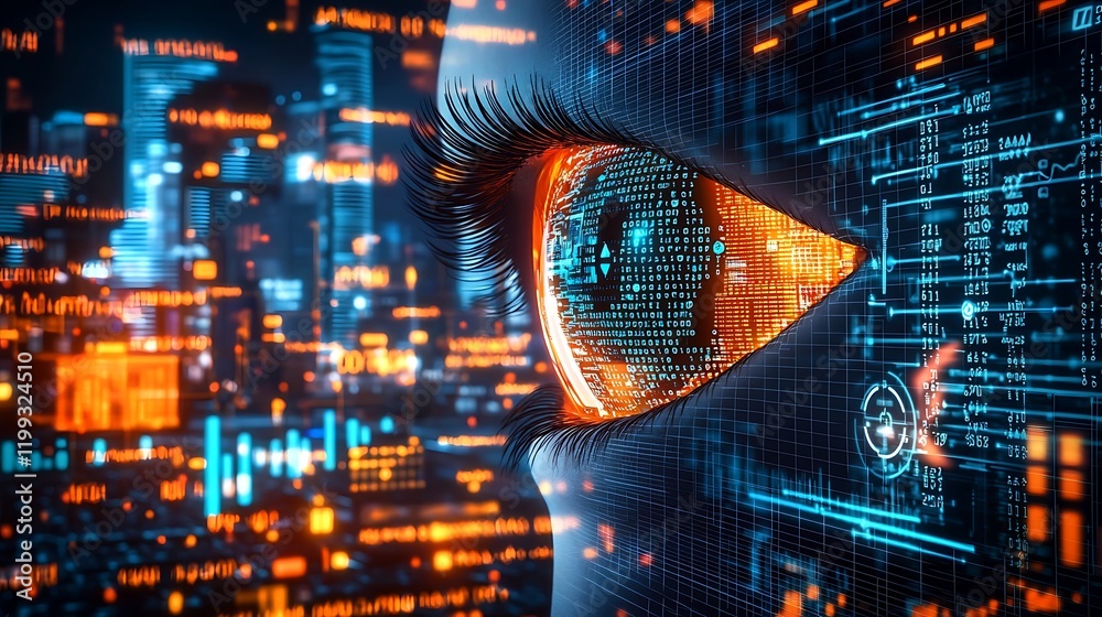 High-resolution image of an AI-themed eye reflecting holographic charts ...