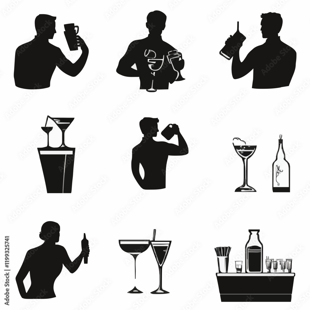 10 black simple silhouette depictions of humans performing various ...